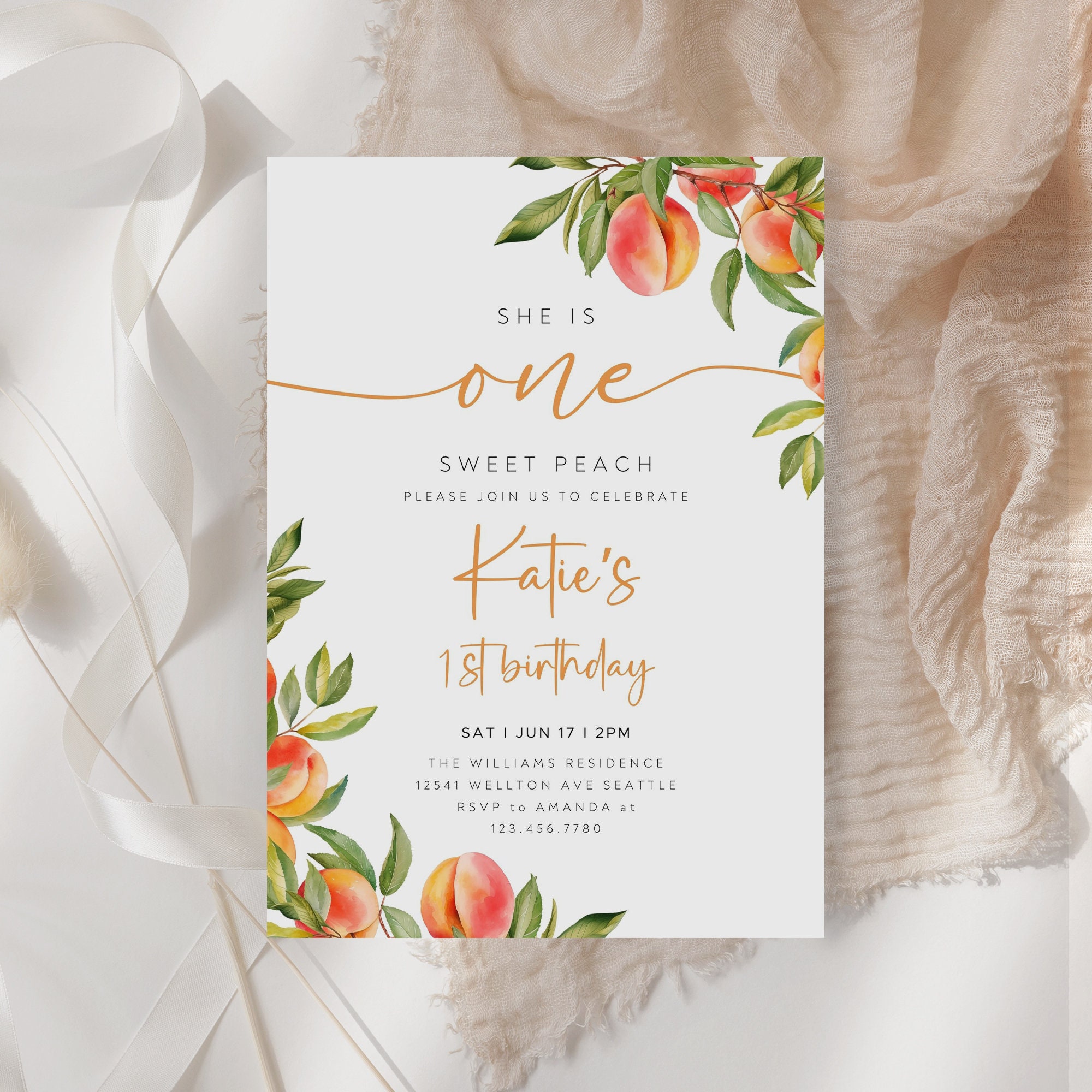 Editable Peach 1st Birthday Invitation, One Sweet Peach First Birthday ...
