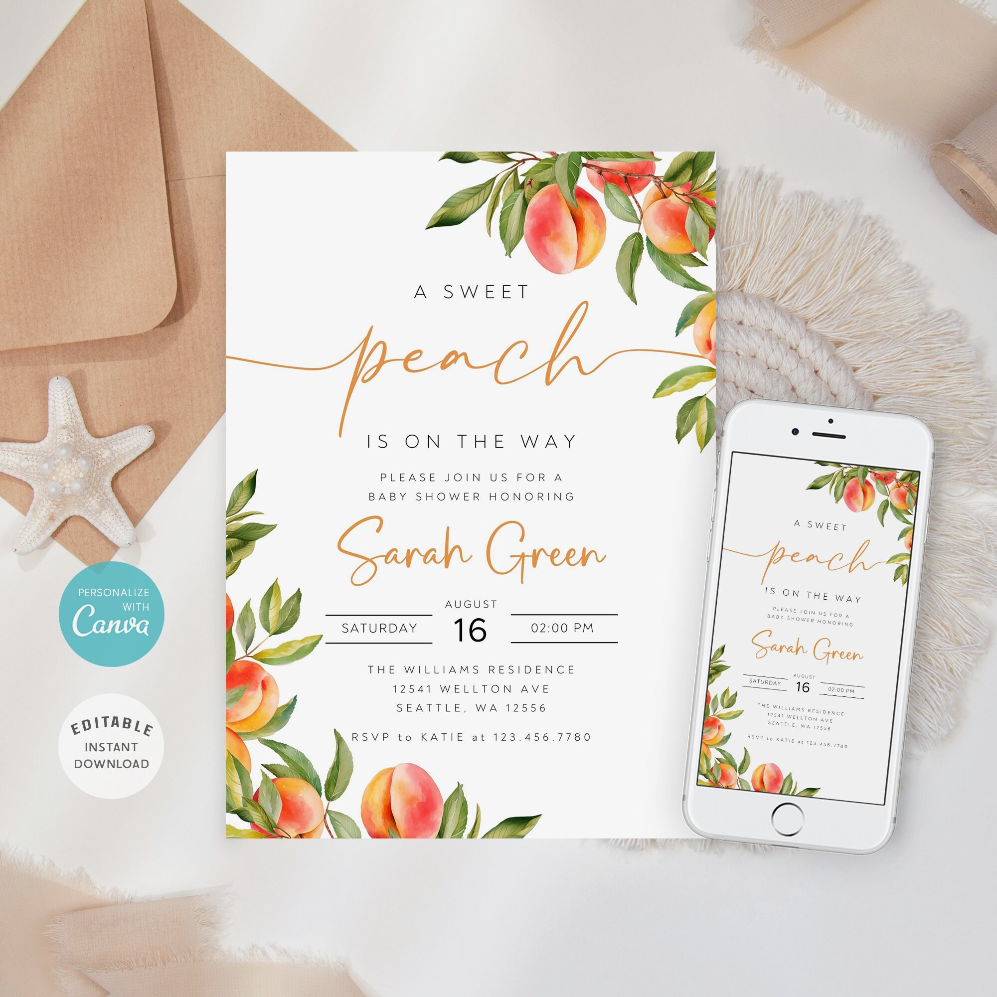 Peach Baby Shower Invitation Template, Editable Girl Invite (digital ...