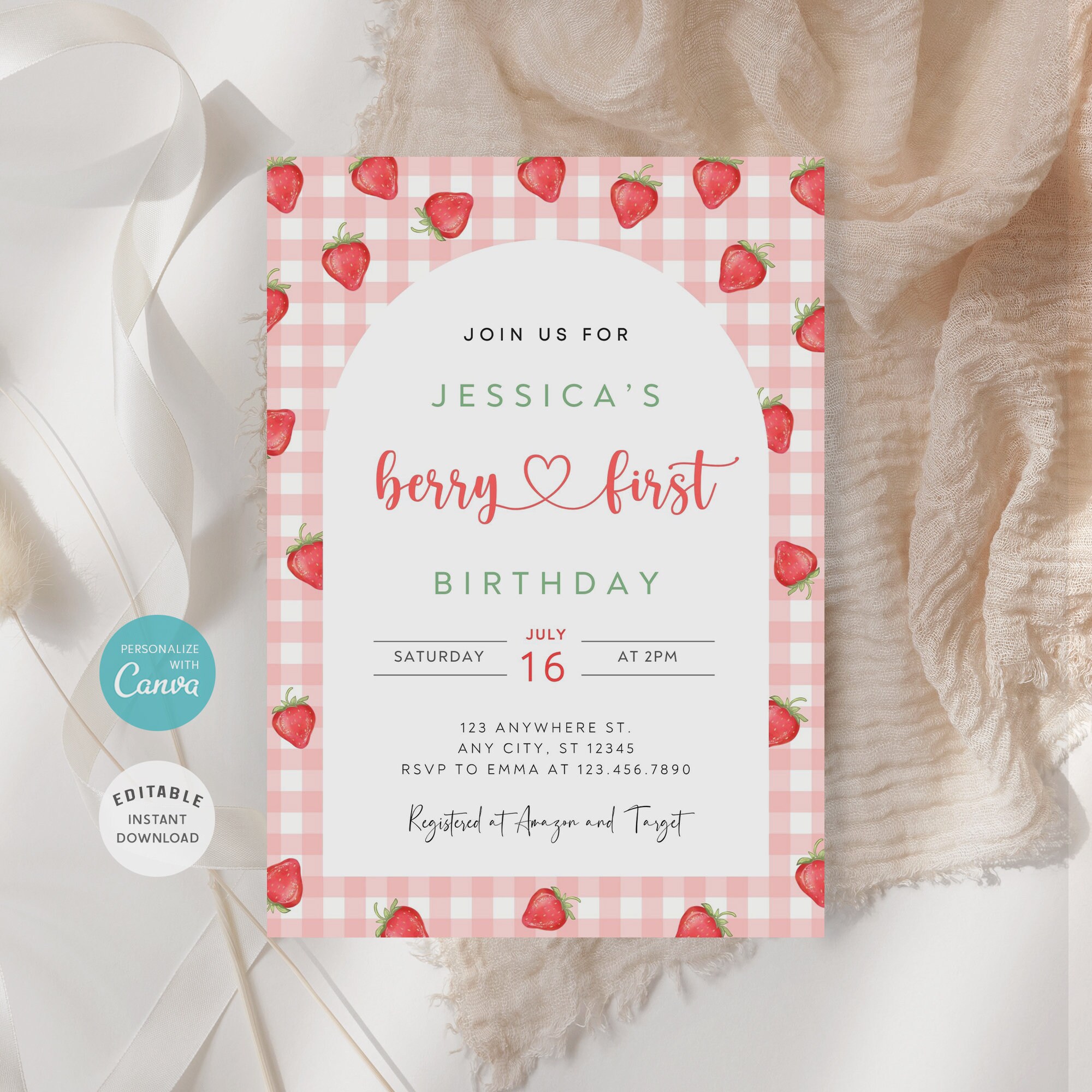 Strawberry Birthday Invitation Template, Berry First Birthday Invite ...