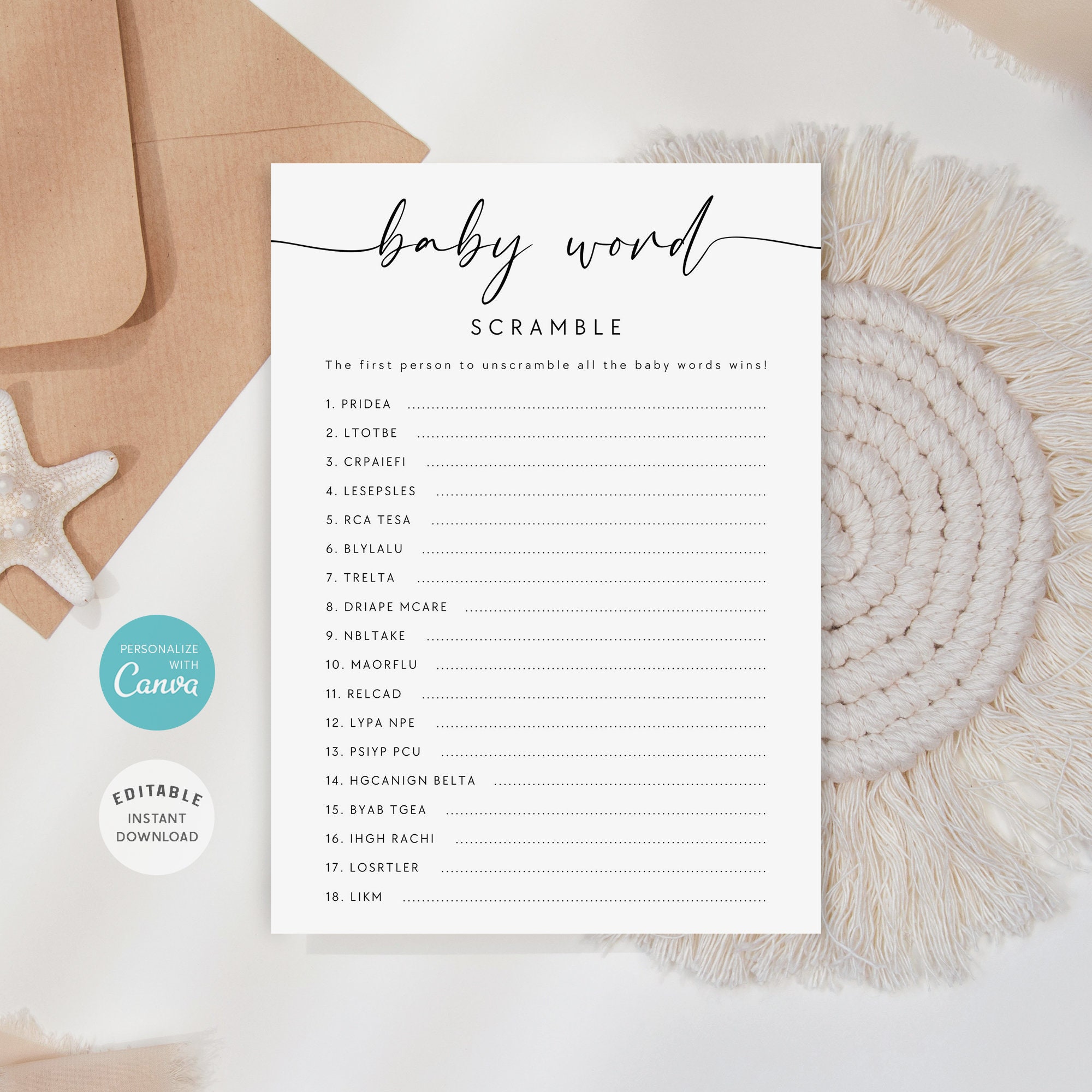 Printable Baby Shower Word Scramble Game, Editable Template - Etsy