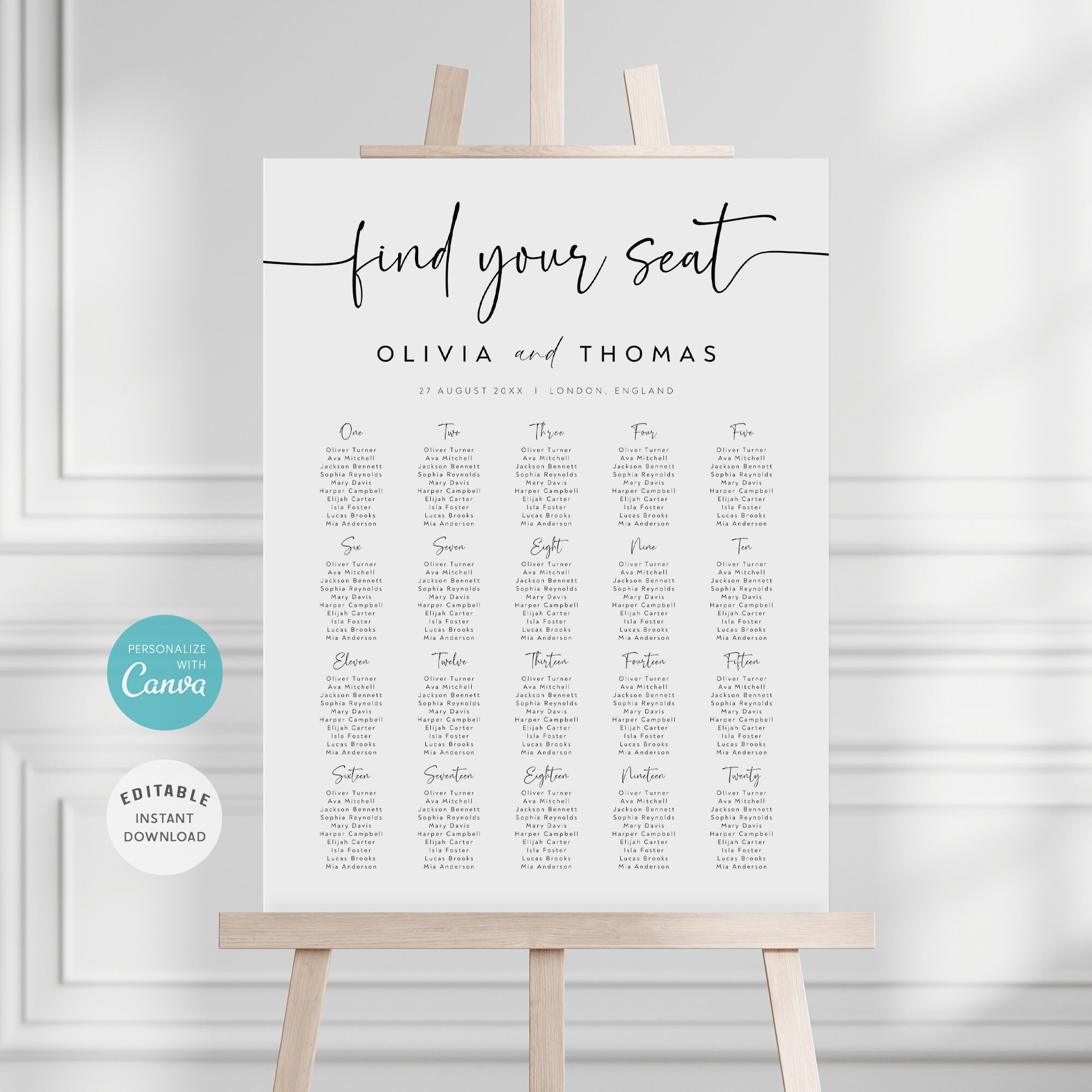 Modern Table Seating Chart Template, Minimalist Wedding Seating Plan ...