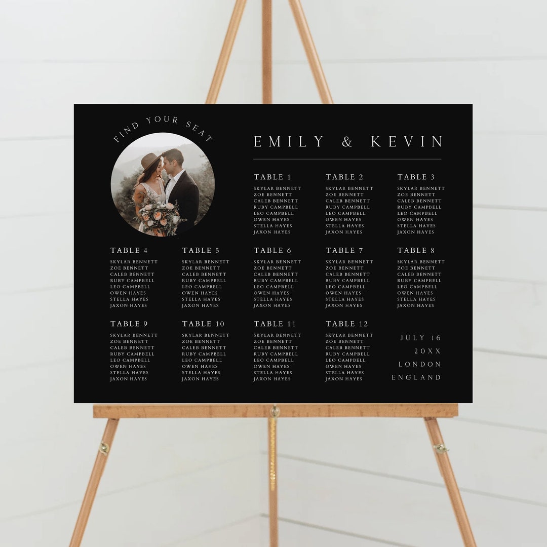 Photo Seating Chart Template, Black Seating Chart Sign, Find Your Seat ...
