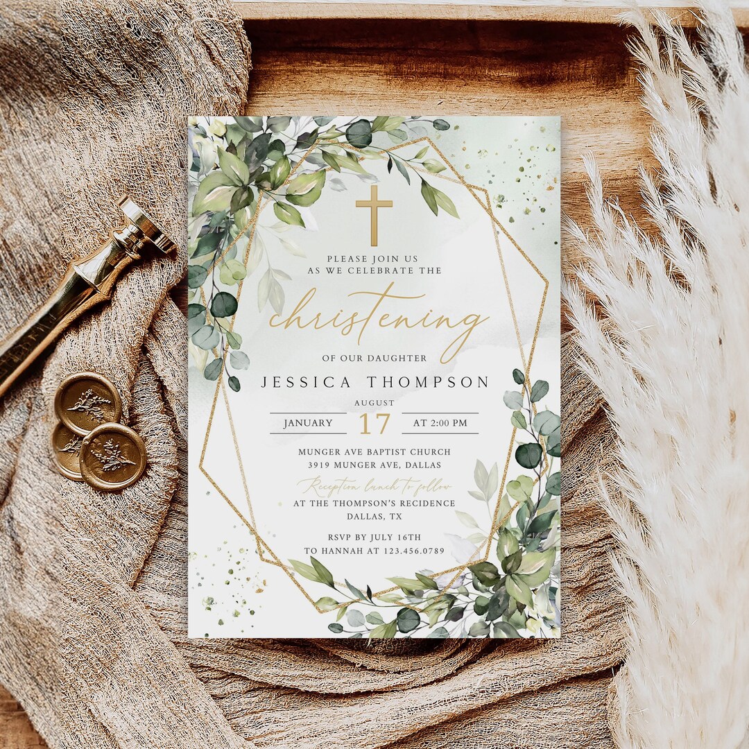Editable Christening Invitation, Greenery Christening Invite ...