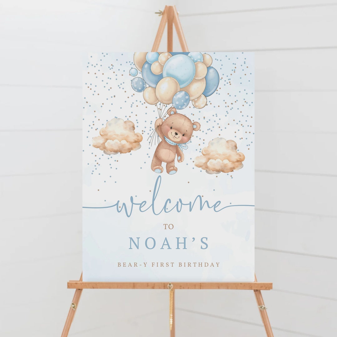 Editable 1st Birthday Sign, Teddy Bear Birthday Welcome Poster, First ...