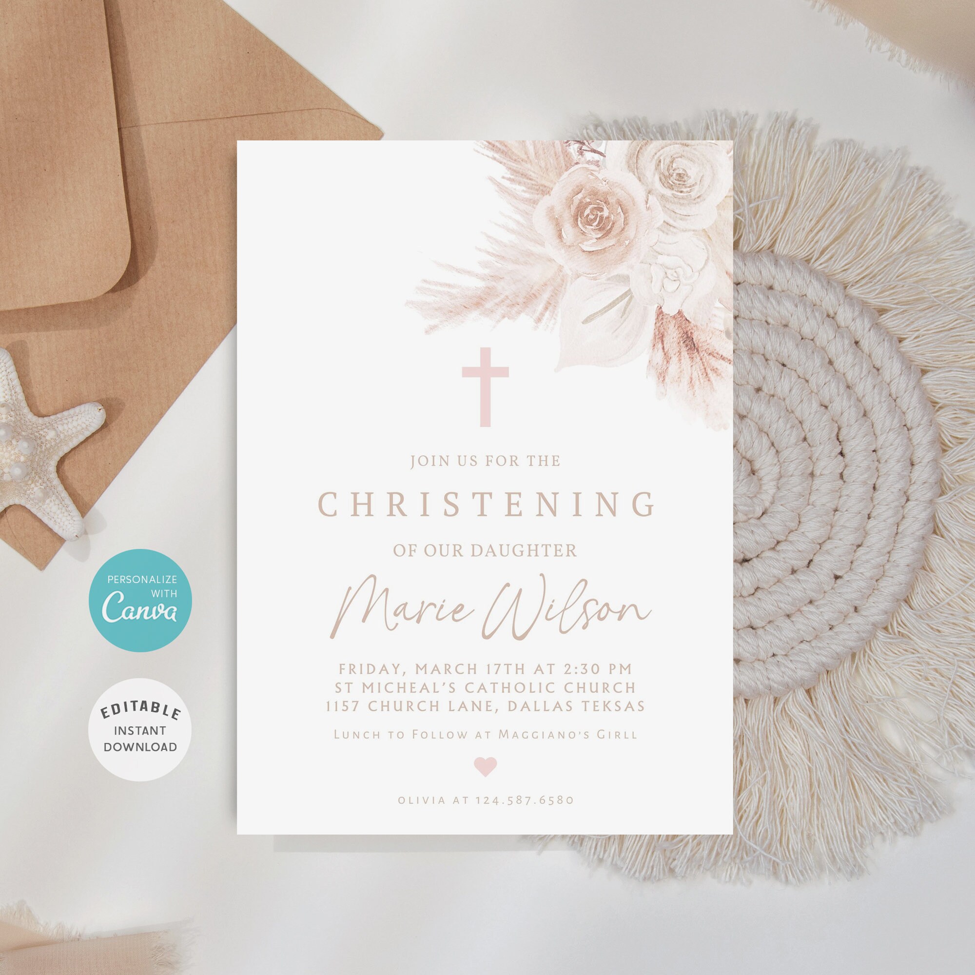 Boho Baptism Invitation Template, Pink Floral Christening Invite, Girls ...