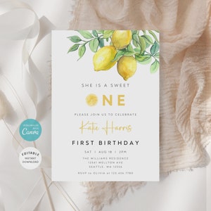 Lemon First Birthday Invitation Template, Citrus Birthday Invite ...