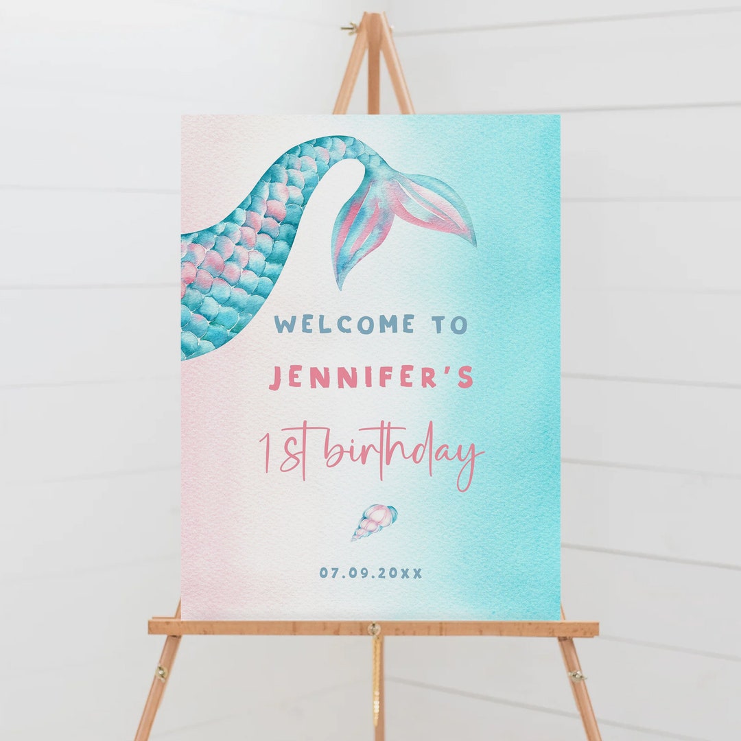 Editable Mermaid Birthday Welcome Sign, Under the Sea Party Sign, 1st ...