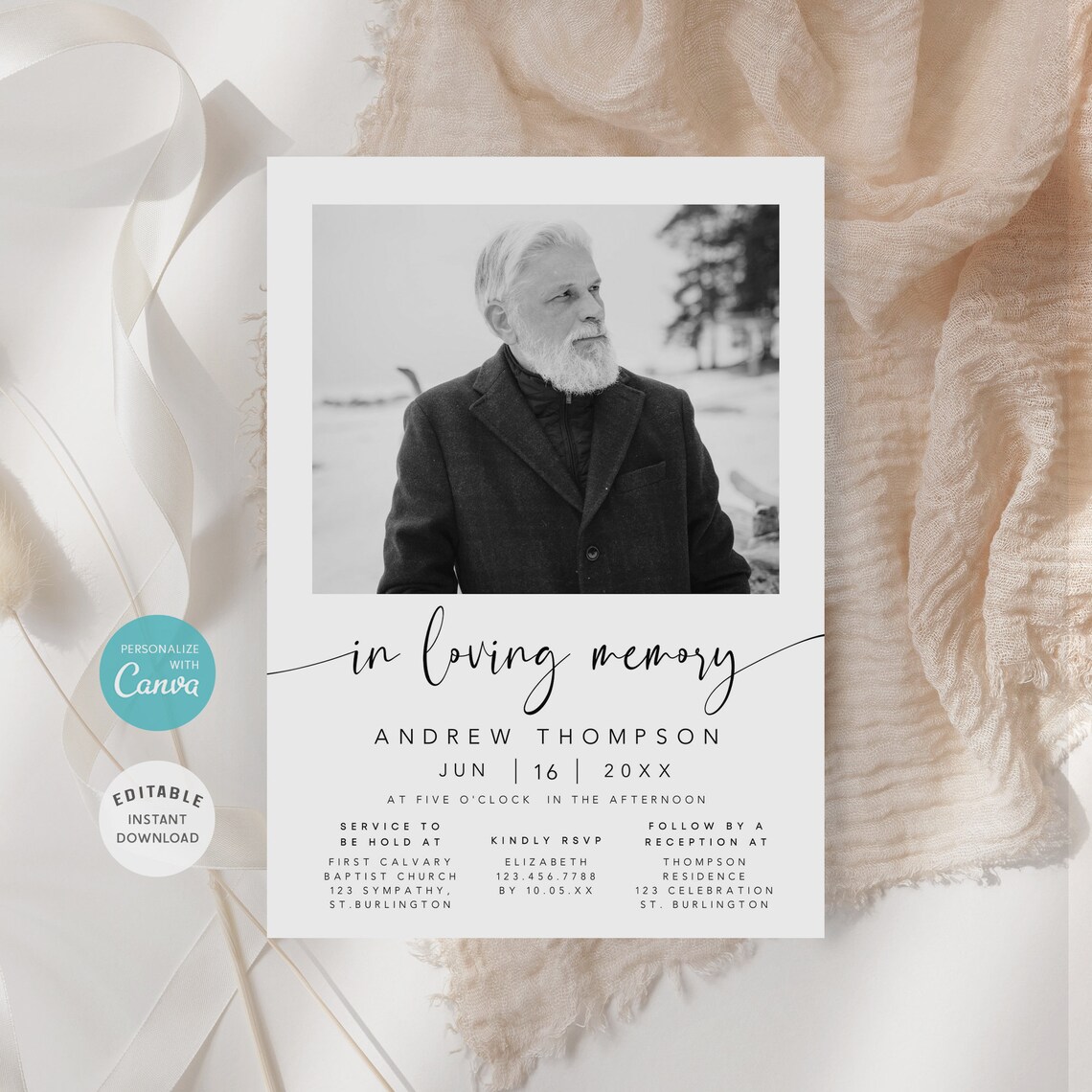 Memorial Service Invitation, Funeral Announcement Template, Photo ...