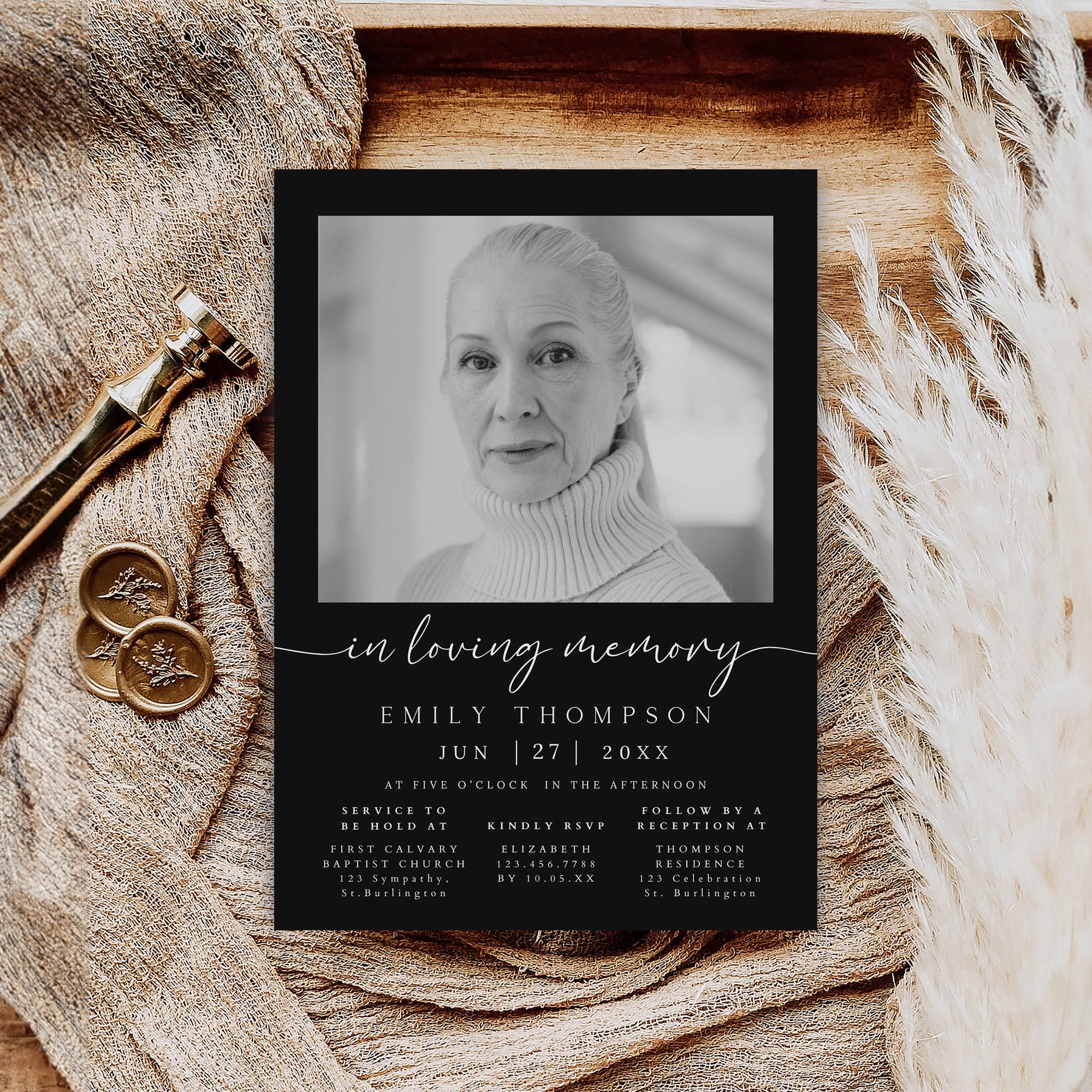 Memorial Service Invitation, Funeral Announcement Template, Photo ...