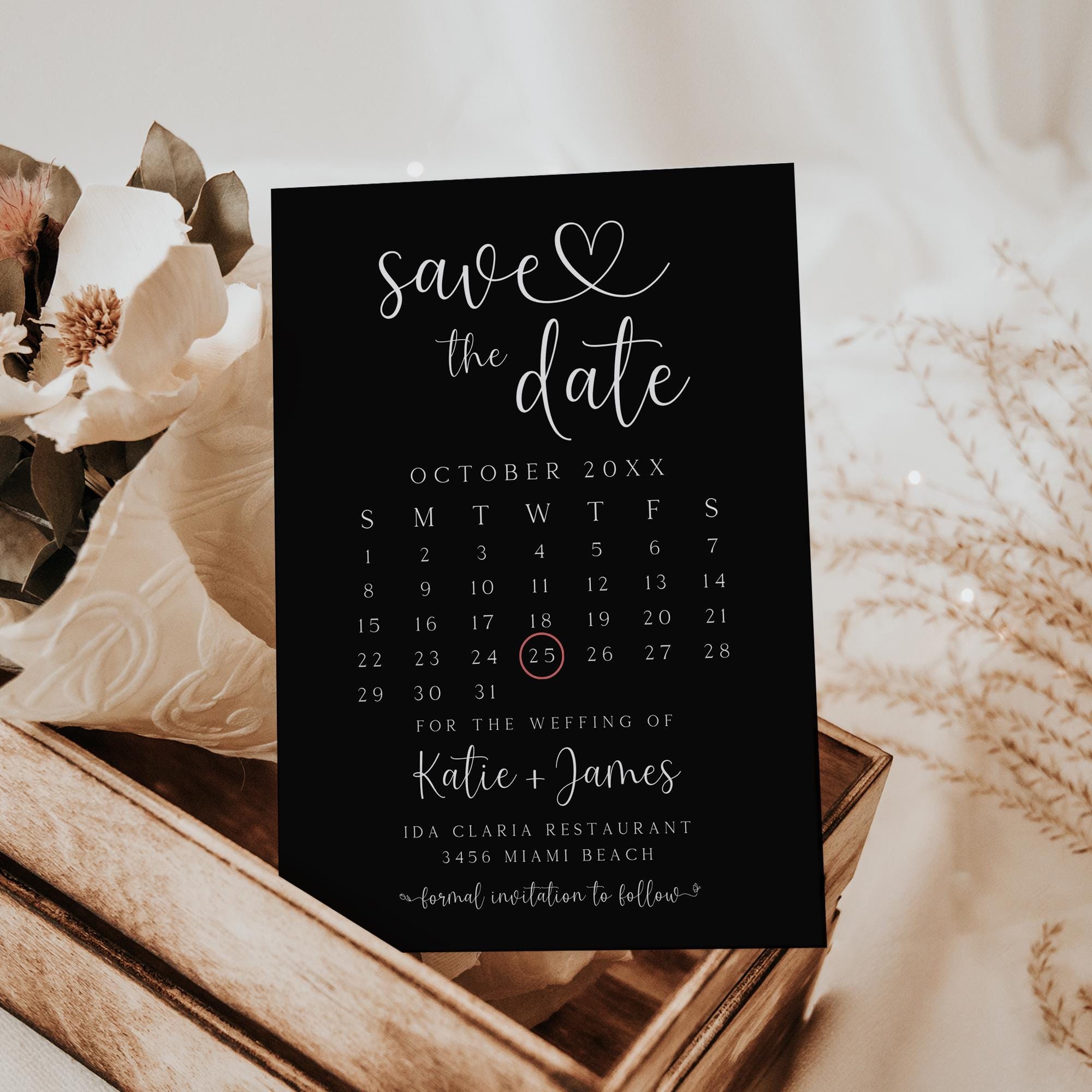 Modern Calendar Save the Date Template, Black Save the Date Digital ...