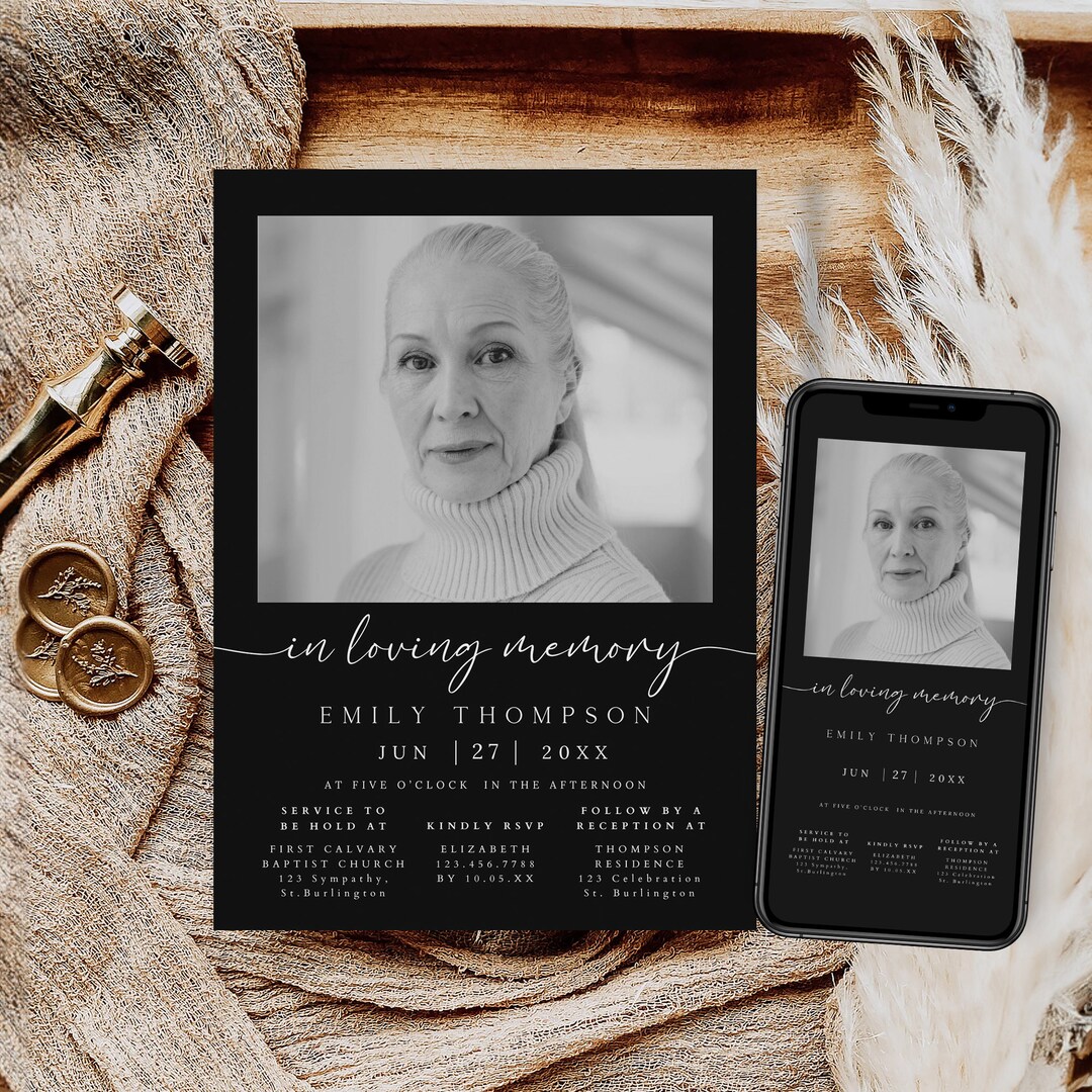 Memorial Service Invitation, Funeral Announcement Template, Photo ...