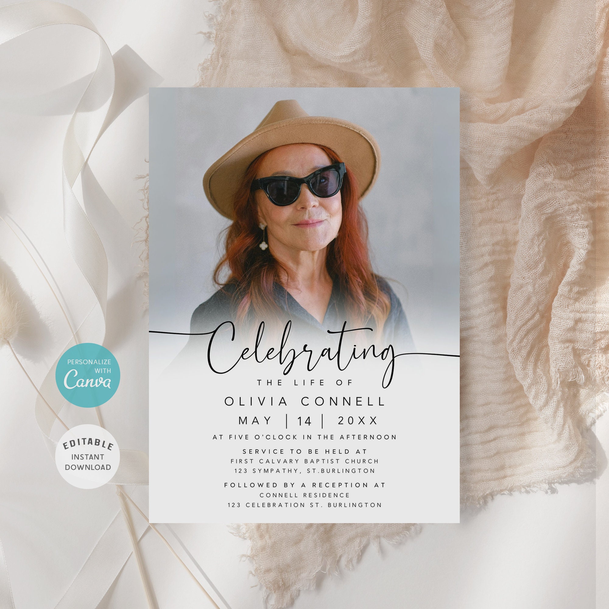 Funeral Announcement Template, Celebration of Life Invitation (5x7 ...