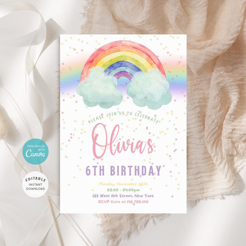 Rainbow Birthday Invitation, Colorful Pastel Rainbow Party Invite ...