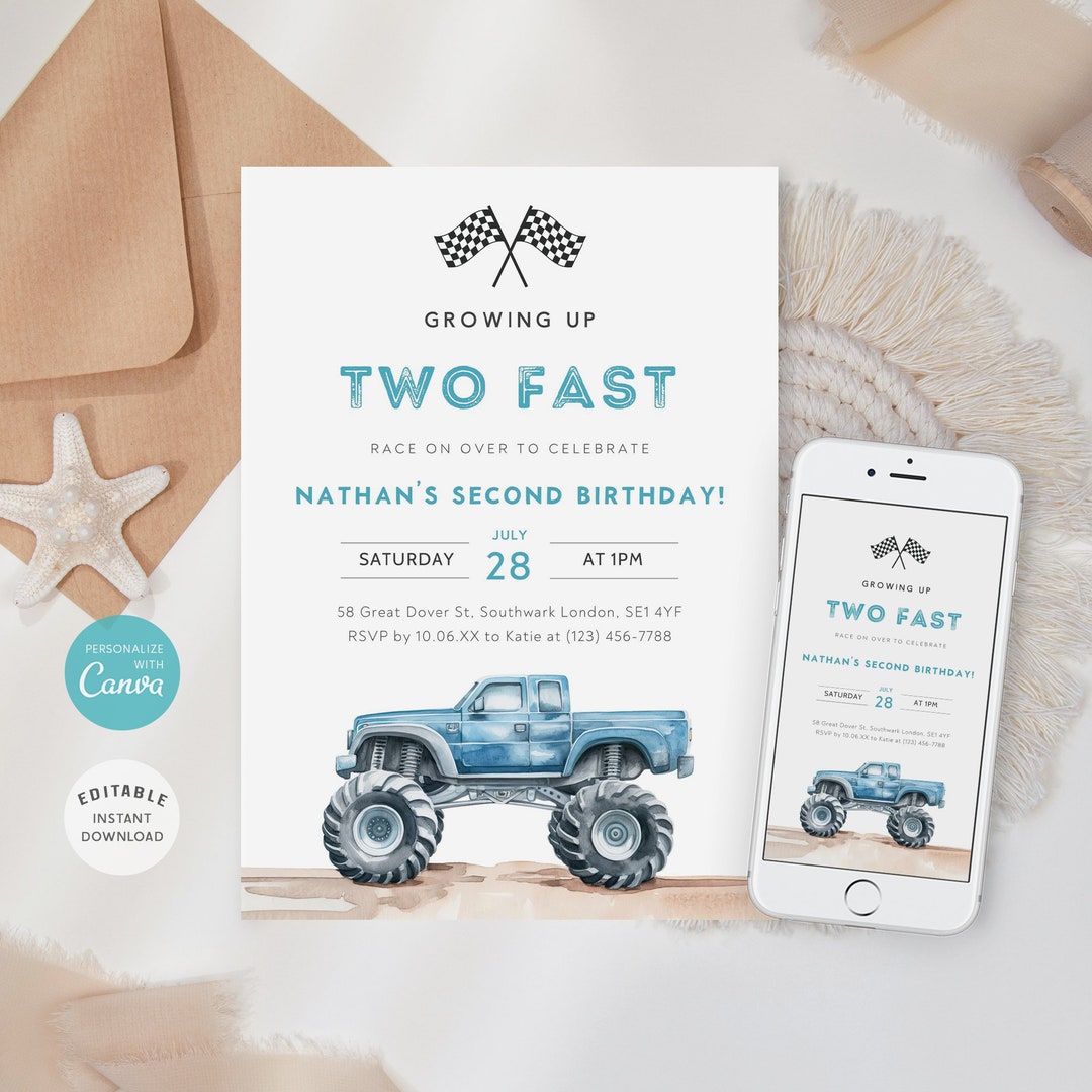 Two Fast Monster Truck Birthday Invitation, Blue Monster Truck B'day ...