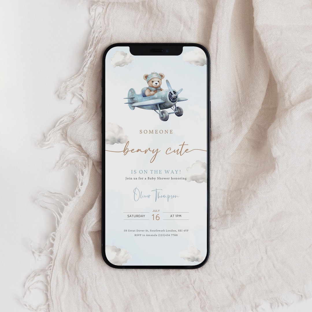 Airplane Bear Baby Shower Electronic Invitation, Bear Pilot Baby Shower ...