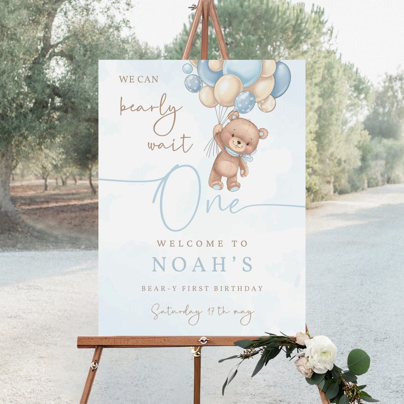 Editable 1st Birthday Sign, Teddy Bear Birthday Welcome Poster, First ...