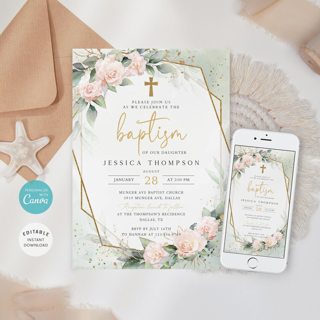 Editable Baptism Invitation, Pink Baptism Invite, Greenery Baptism ...