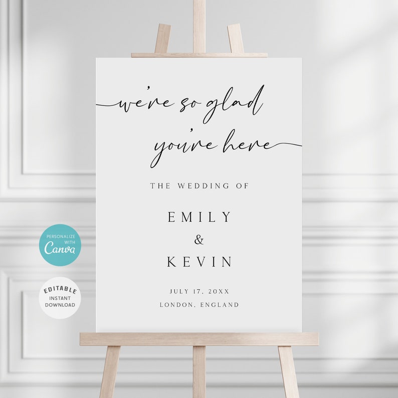 We're so Glad You're Here Sign, Editable Minimalist Wedding Welcome ...