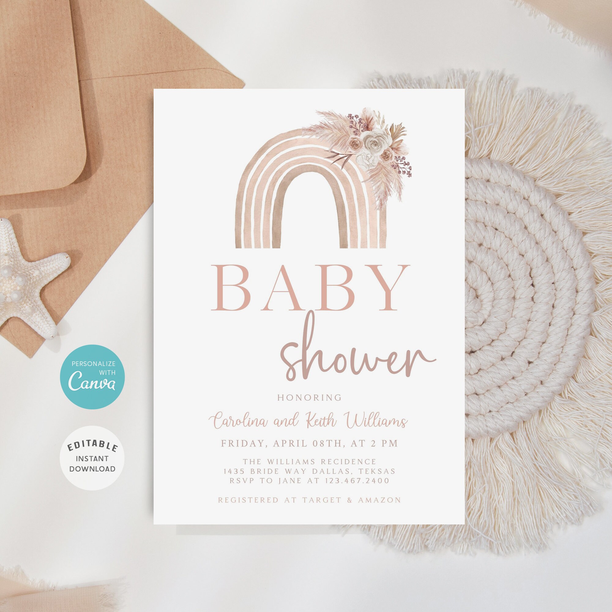 Editable Boho Rainbow Baby Shower Invitation, Girl Rainbow Baby Shower ...