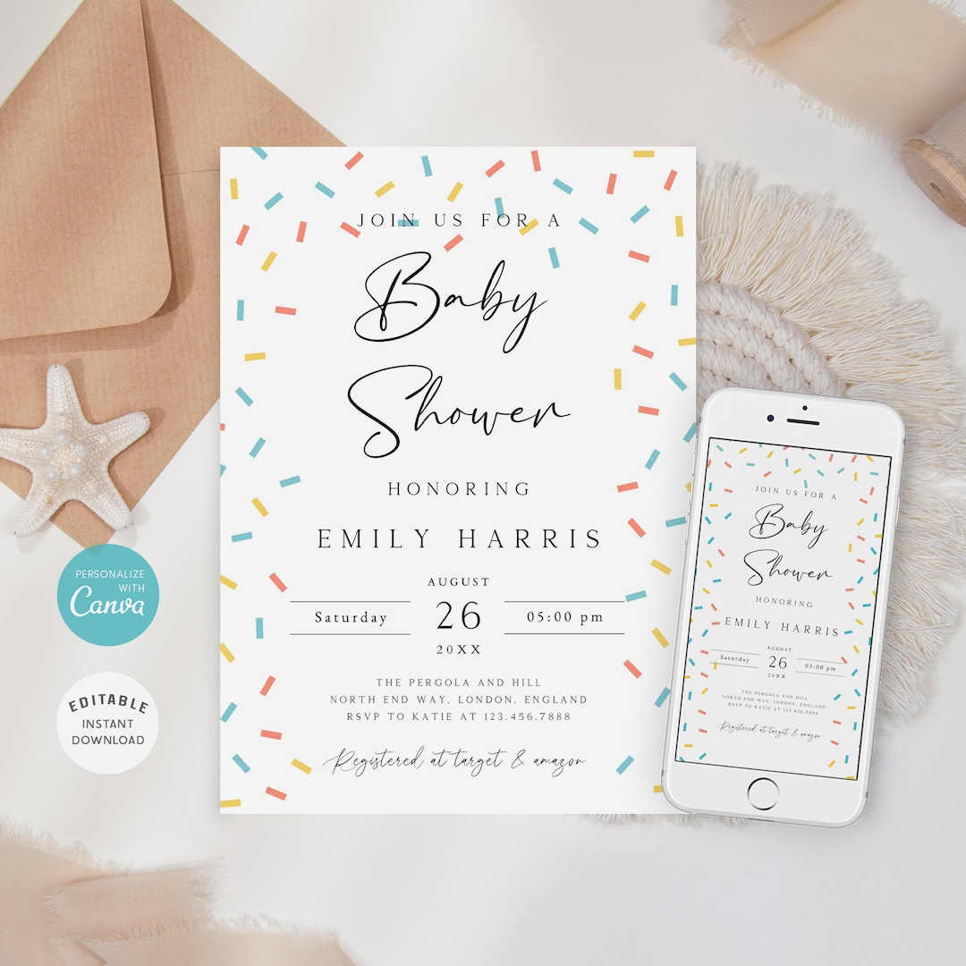 Editable Baby Shower Invitation, Confetti Baby Shower Invite, Colorful ...