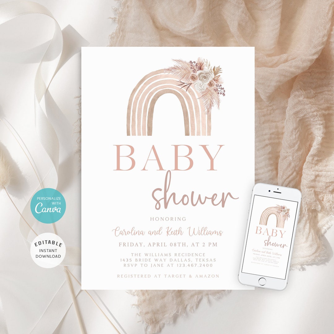 Editable Boho Rainbow Baby Shower Invitation, Girl Rainbow Baby Shower ...