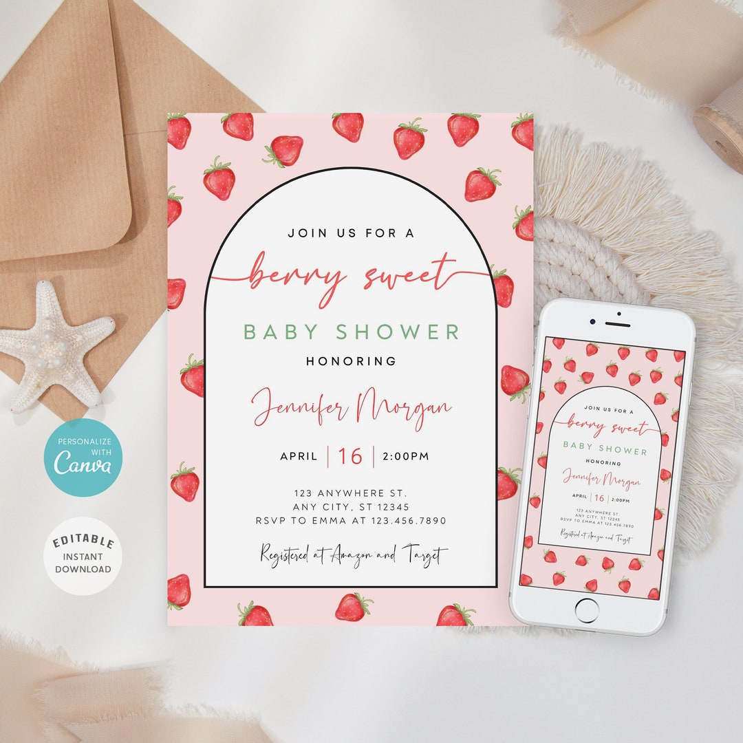 Editable Strawberry Baby Shower Invite, Berry Sweet Baby Shower ...