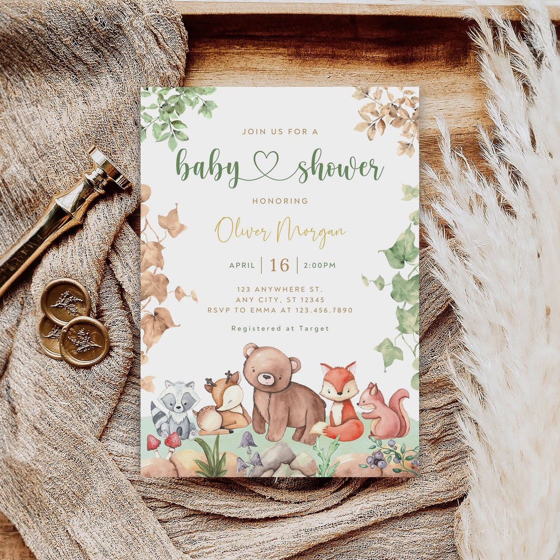 Woodland Baby Shower Invitation Template, Forest Animals Invite, Boy ...