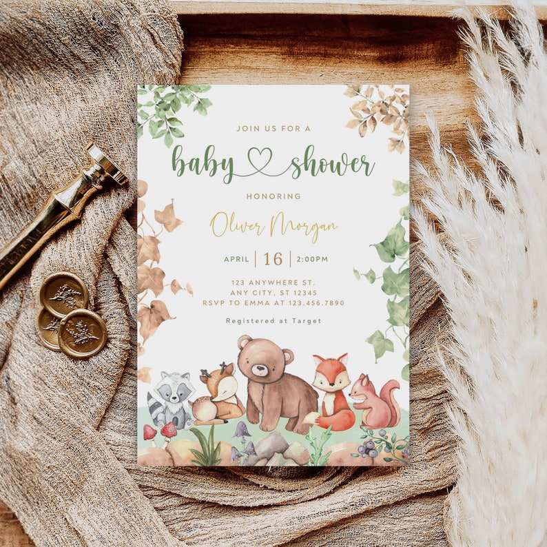 Woodland Baby Shower Invitation Template, Forest Animals Invite, Boy ... Woodland Baby Shower Invitation Template, Forest Animals Invite, Boy ...