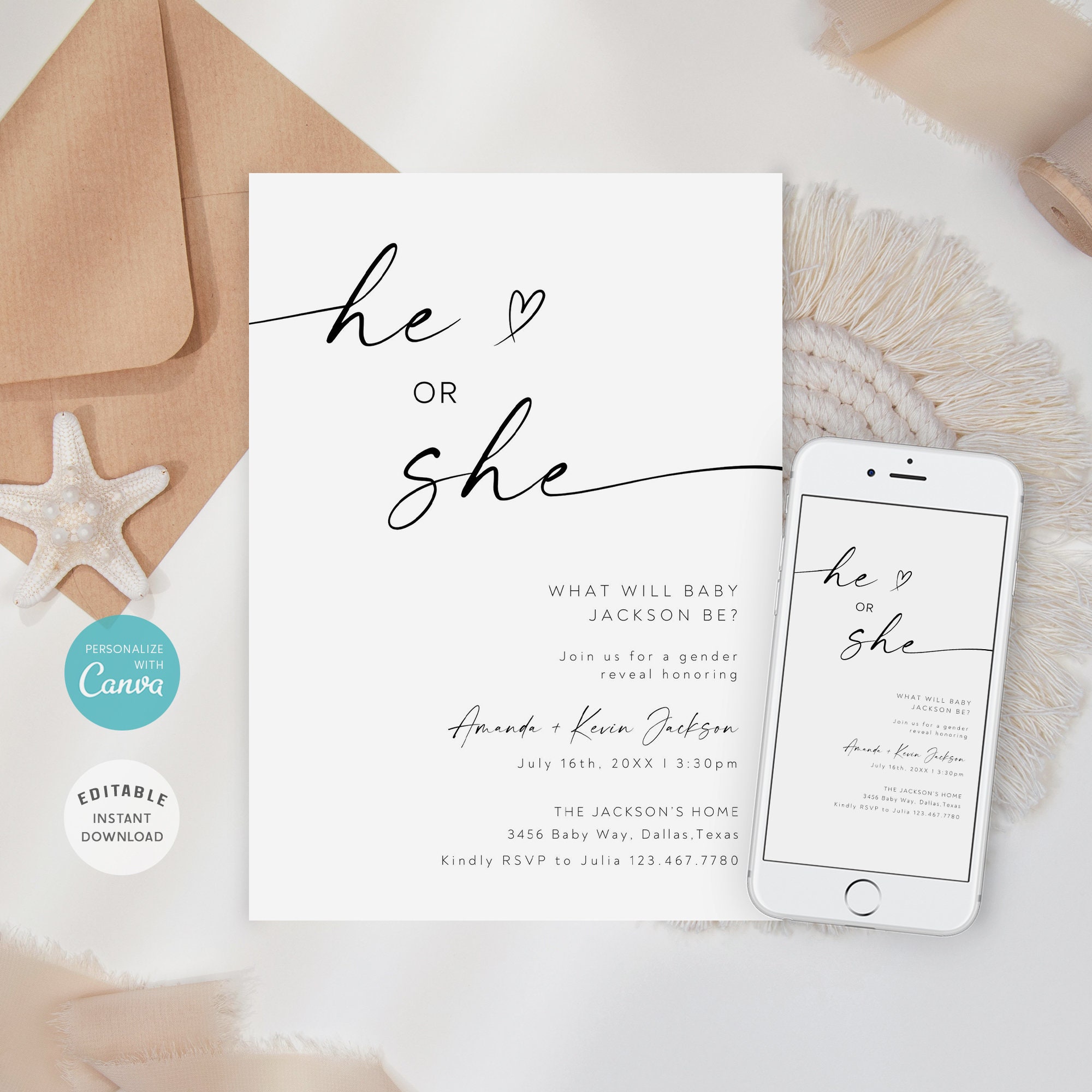 Gender Reveal Invitation, Gender Neutral Reveal Invite, He or She ...