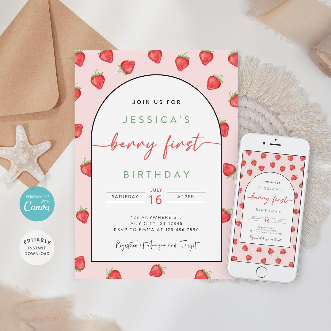 Editable Strawberry Birthday Invitation, Berry Sweet Birthday Invite ...