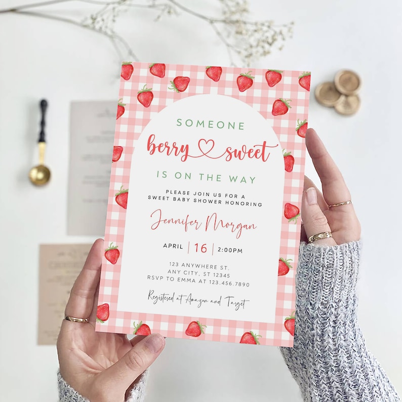Editable Strawberry Baby Shower Invitation, Berry Sweet Baby on the Way ...