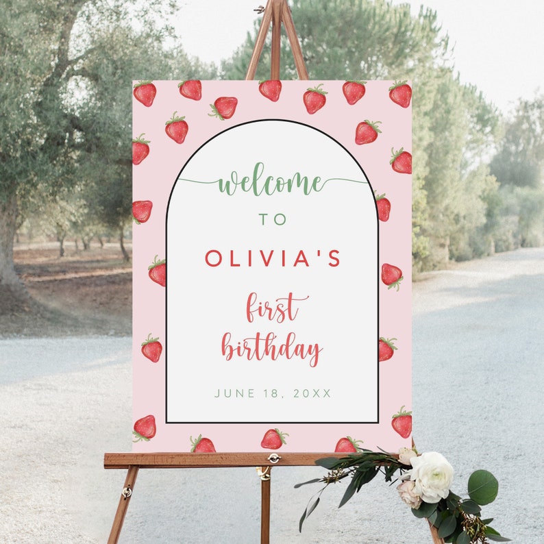 Editable Strawberry Birthday Welcome Sign, Berry First Birthday Sign ...