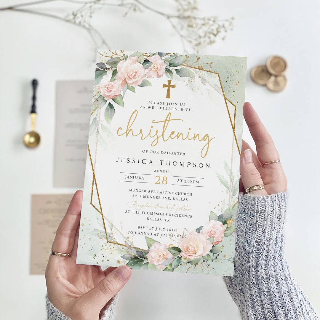Editable Christening Invitation, Greenery Christening Invite, Pink ...