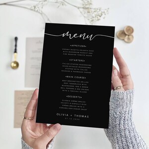 Wedding Menu Card Template, Black Menu Card, 5x7 & 8x10 Wedding Menu ...