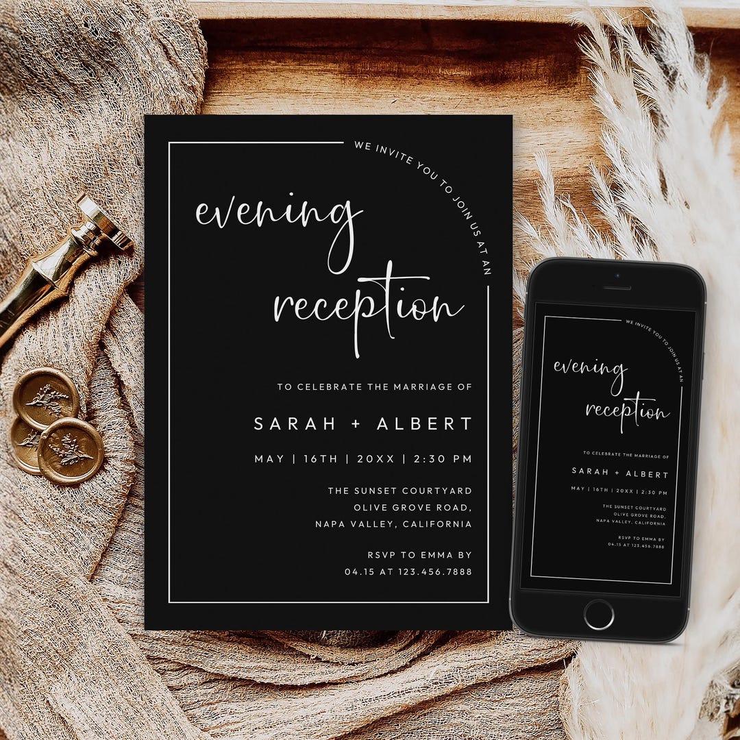 Black Wedding Reception Invitation, Elegant Elopement Announcement ...