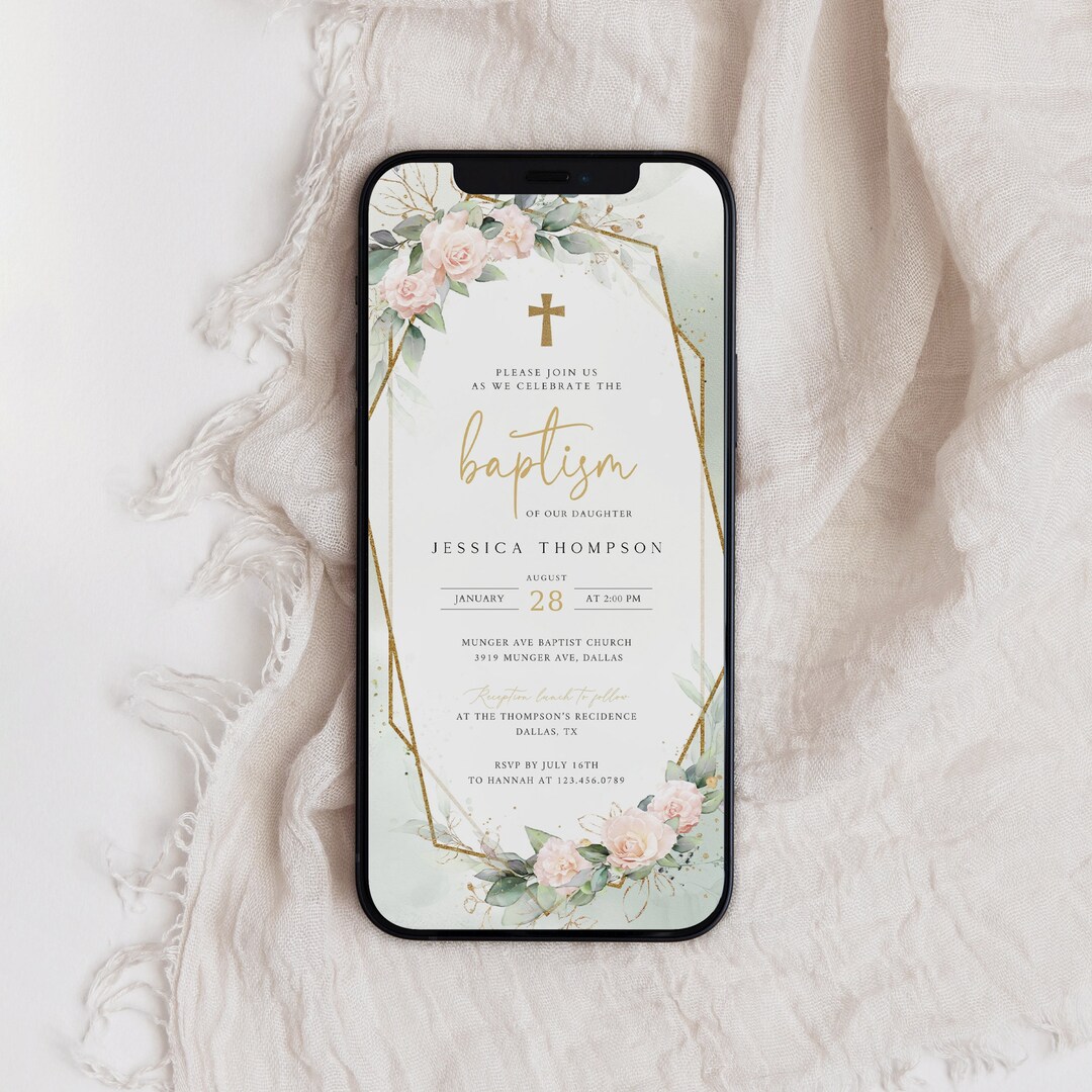 Editable Baptism Invitation, Pink Baptism Evite, Electronic Baptism ...