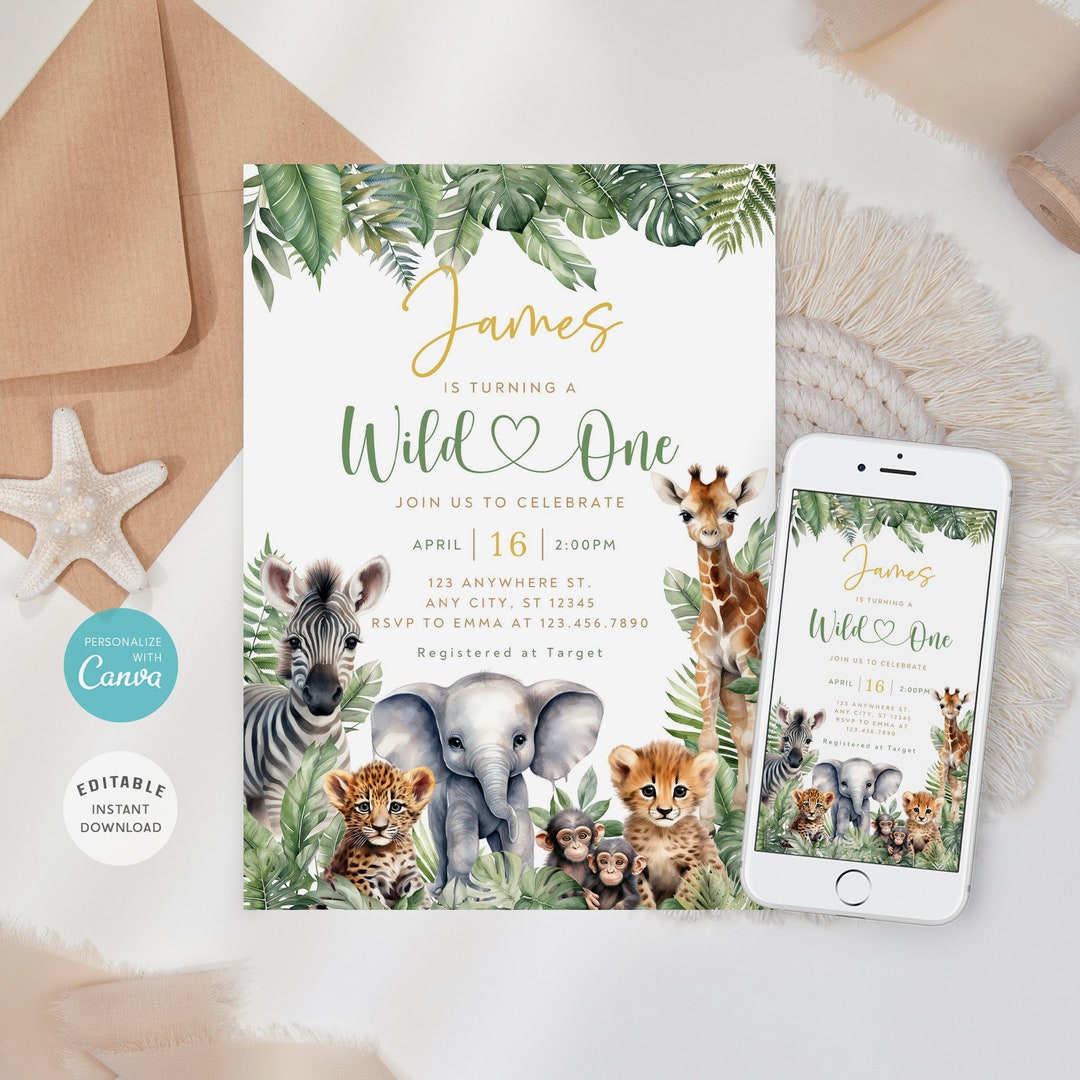 Editable Safari First Birthday Invitation, Wild One Birthday Invite ...