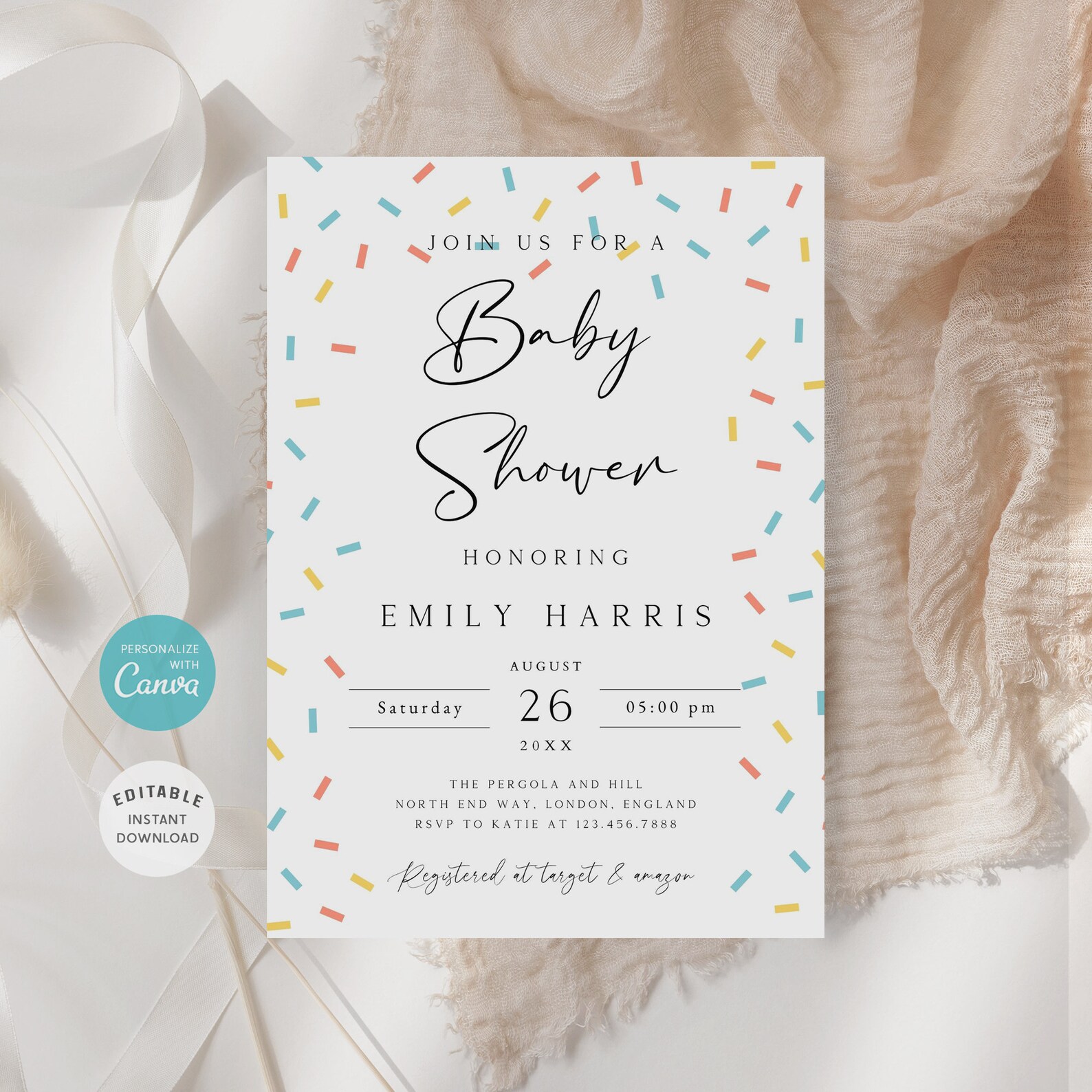 Editable Baby Shower Invitation, Confetti Baby Shower Invite, Colorful ...