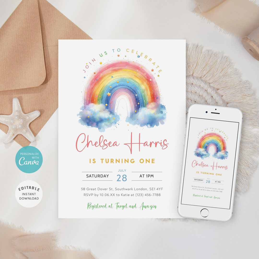 Rainbow First Birthday Invitation, Editable Gender Neutral Party ...