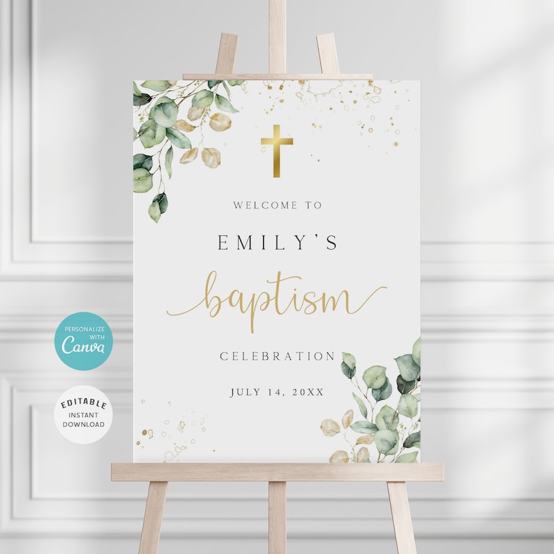 Greenery Baptism Welcome Sign, Editable Christening Poster (digital ...