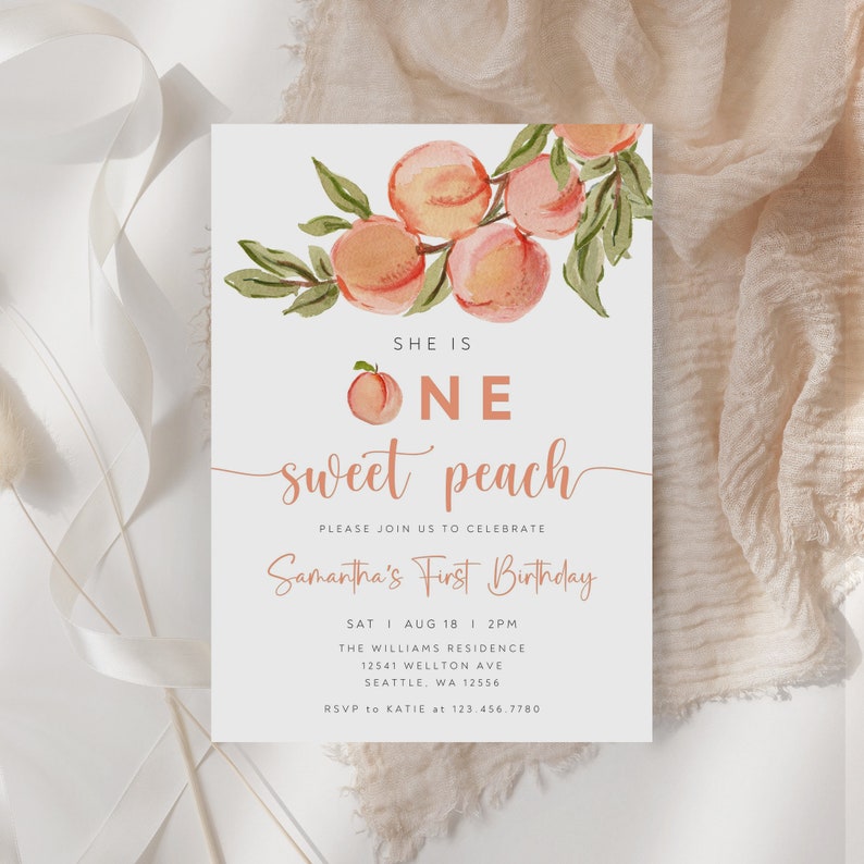 Peach First Birthday Invitation, Editable Template (digital Download ...