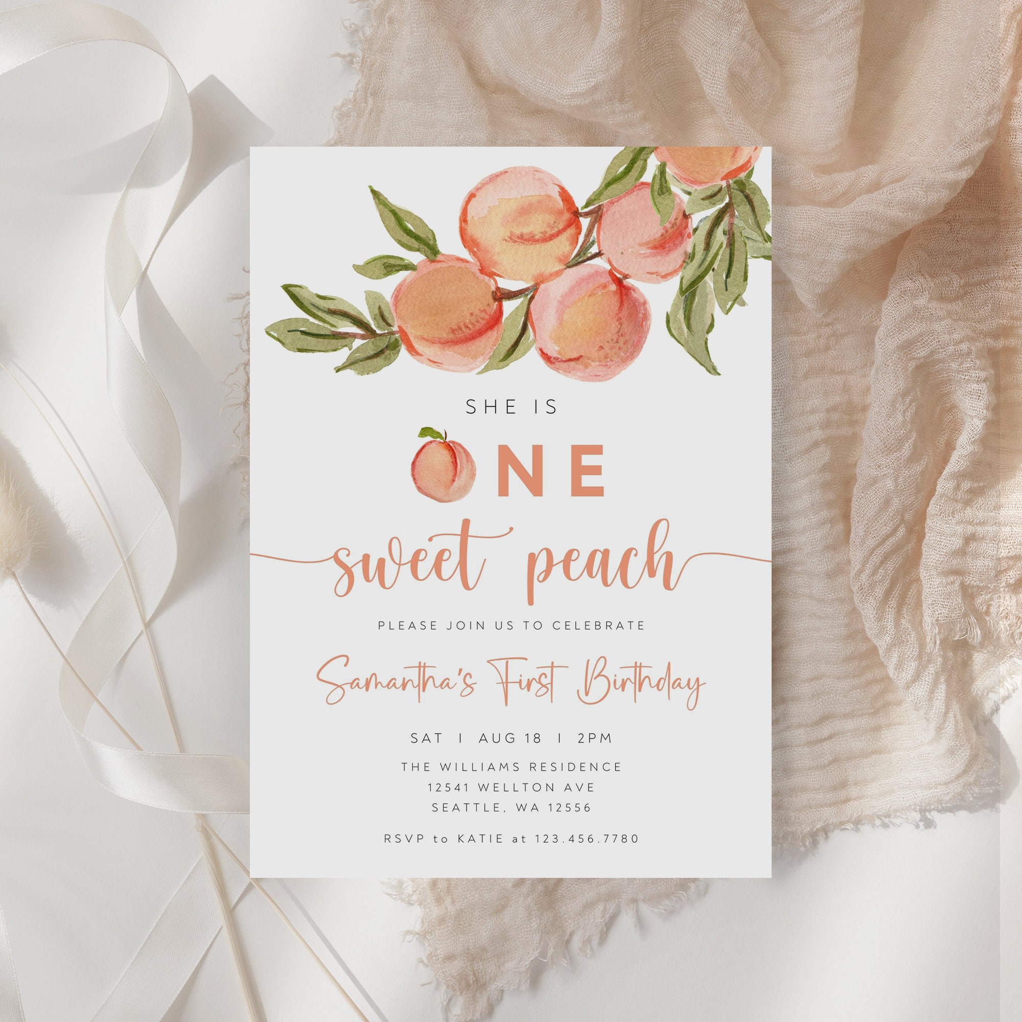 Editable Peach First Birthday Invitation, One Sweet Peach Birthday ...