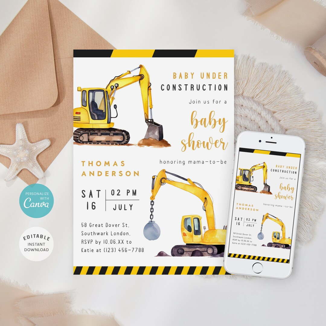 Editable Construction Baby Shower Invitation, Baby Under Construction ...