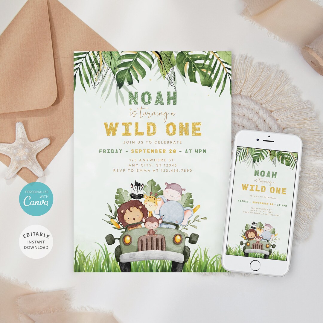 Editable Wild One Birthday Invitation, Safari Animals Party Invite ...