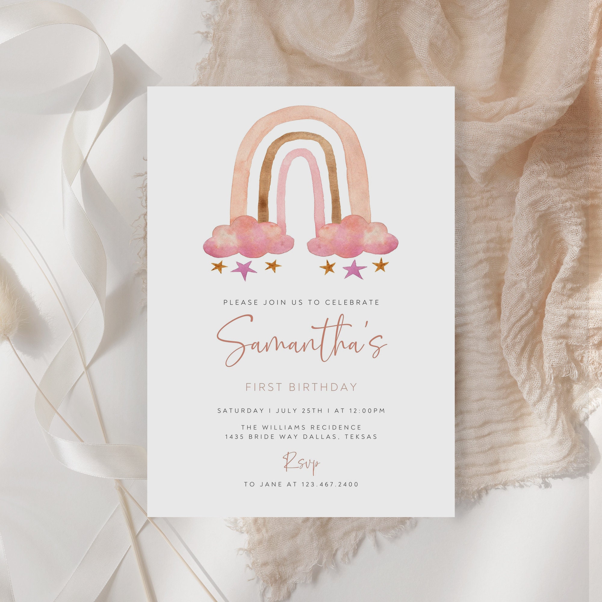 Editable Rainbow 1st Birthday Invitation, Pink Rainbow First Birthday ...