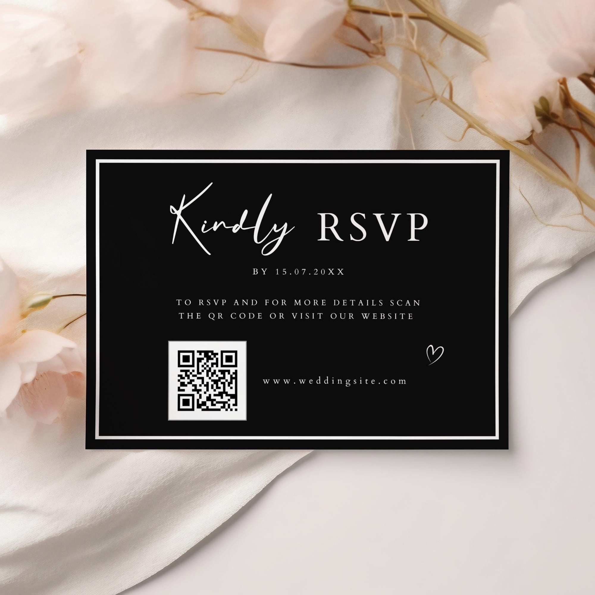 Modern QR Code Rsvp Card Template, Black Wedding Response Card, Wedding ...