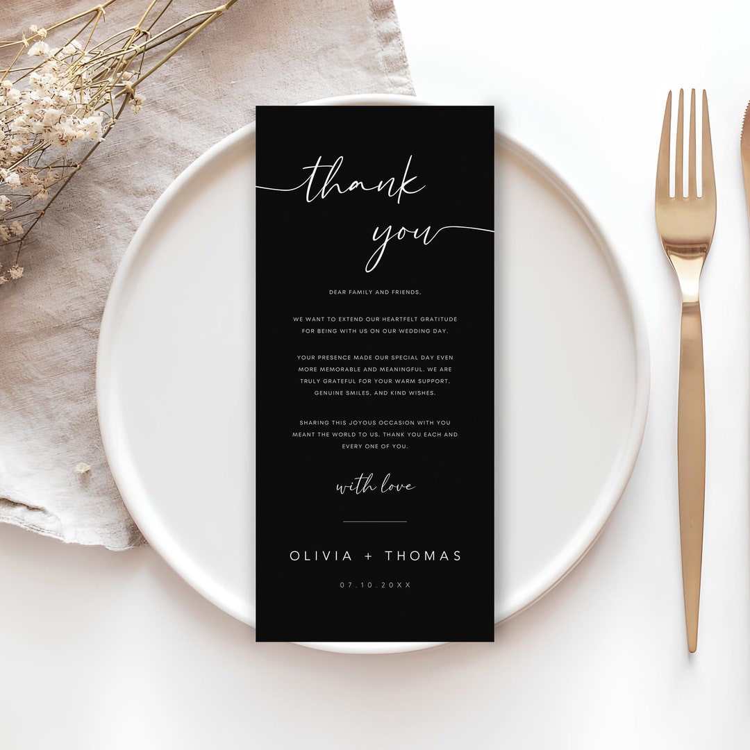 Black Wedding Table Thank You Card Template, Thank You Napkin Note ...