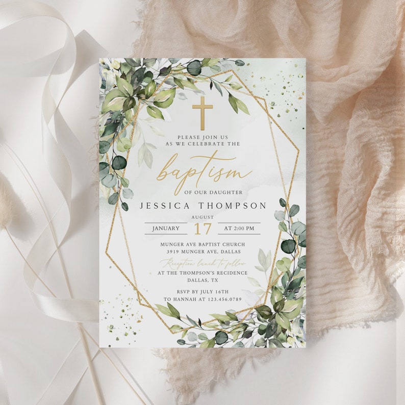 Baptism Invitation Template, Editable Baptism Invite, Greenery Baptism ...