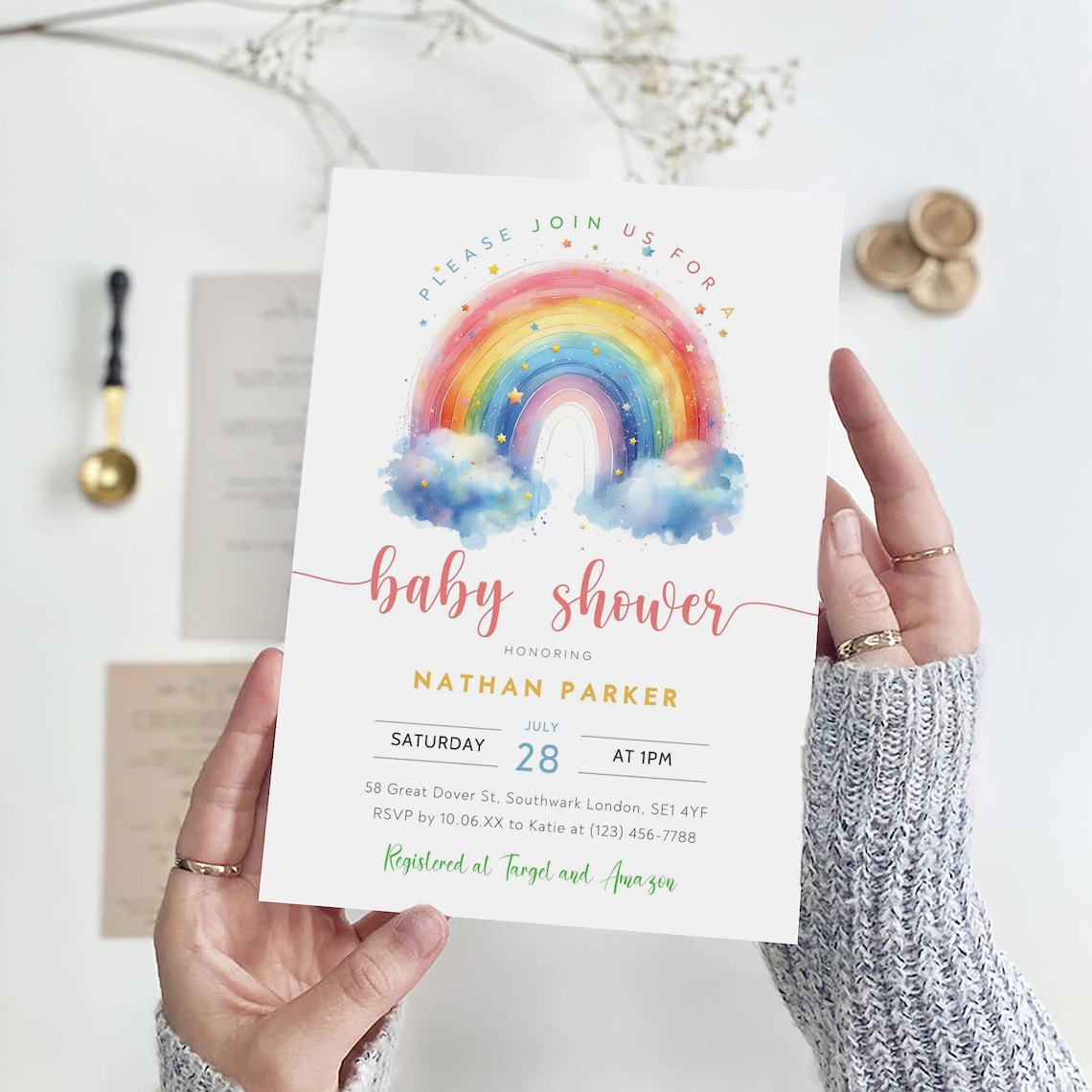 Editable Rainbow Baby Shower Invitation, Colorful Pastel Rainbow Baby ...