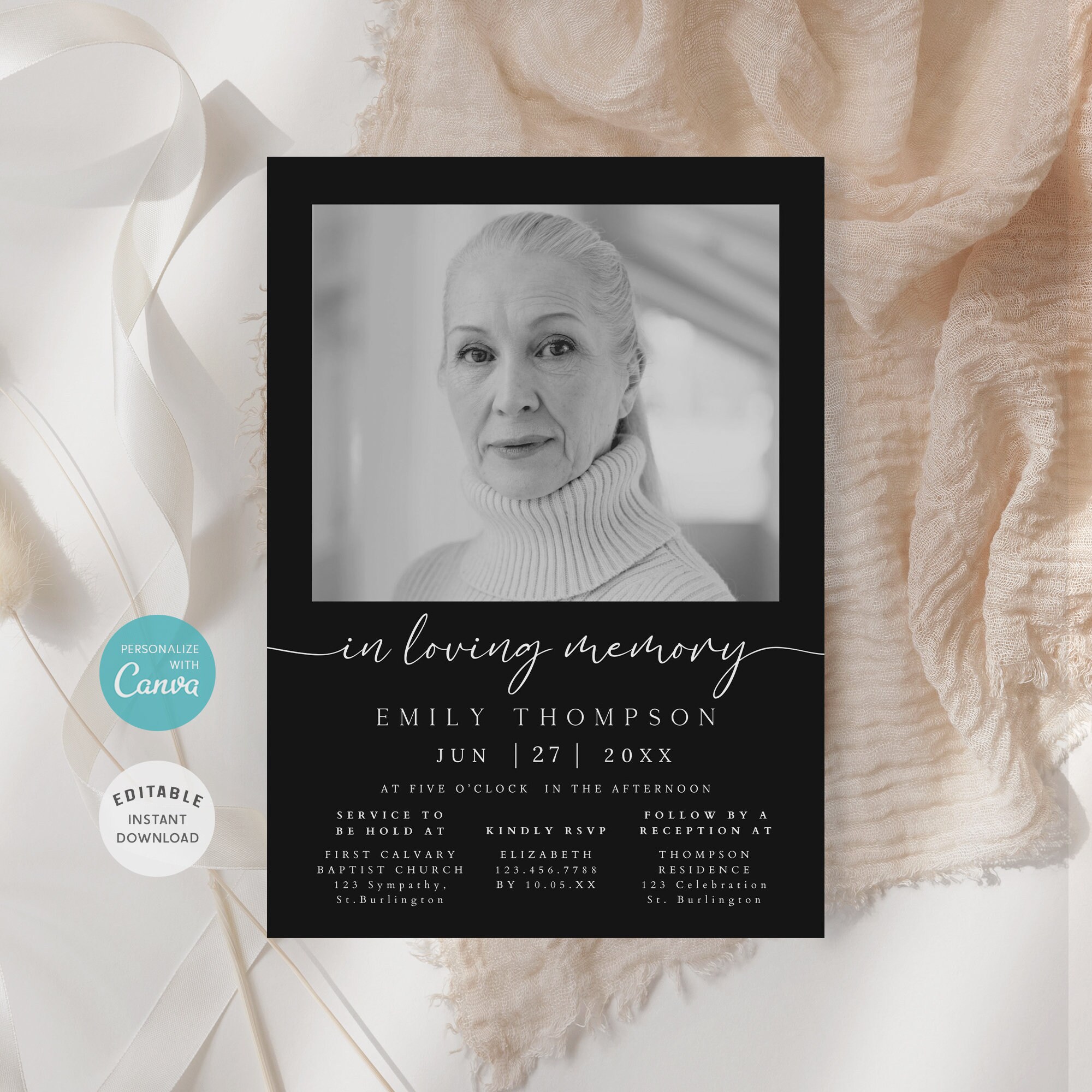 Memorial Service Invitation, Funeral Announcement Template, Photo ...